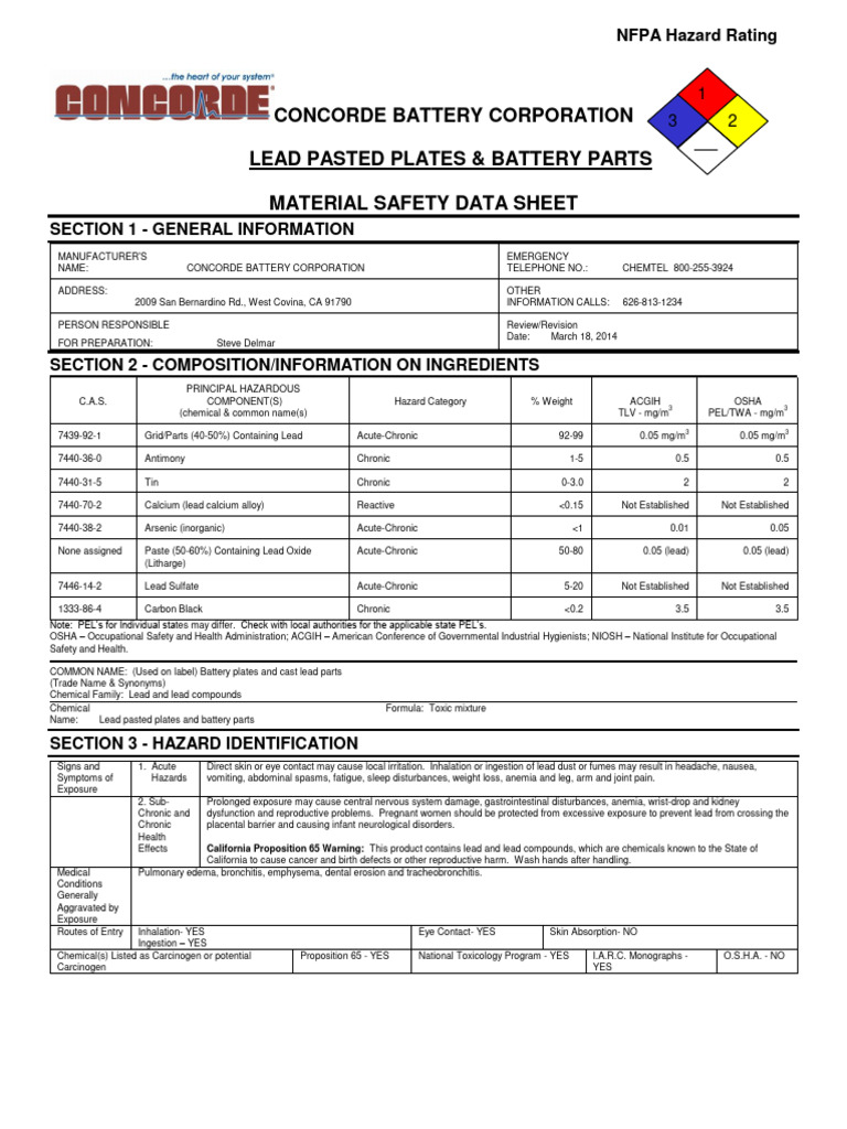 MSDS Lead Plates Concorde | PDF | Safety | Occupational Safety And Health