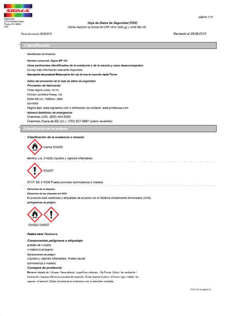 Sigma MP 103 (US) EN Sds - En.es | PDF | Agua | Solvente