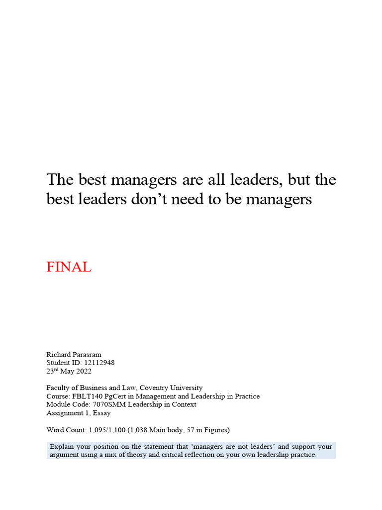 Managers Are Not Leaders Essay - FINAL - Richard Parasram | PDF ...