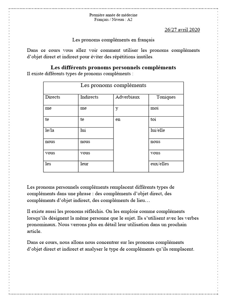 Utilisation des pronoms en français A2 | PDF | Complément d'objet | Pronom