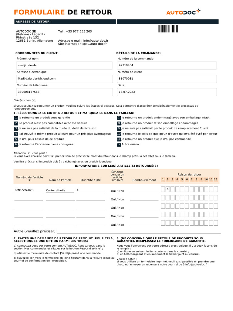 Retour de produits Autodoc : Guide complet | PDF | Facture