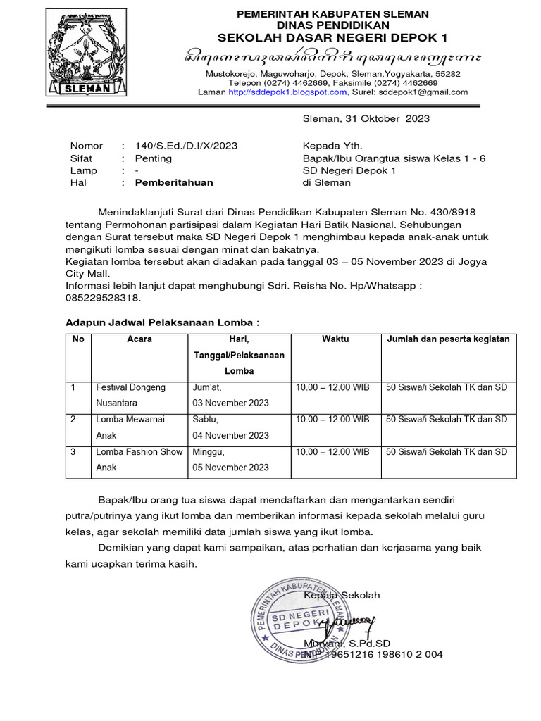 Pemberitahuan Lomba Hari Batik Nasional | PDF