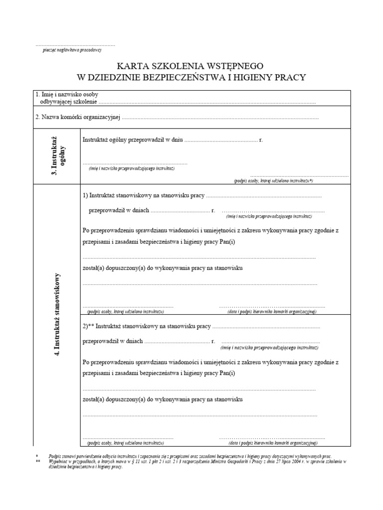 Karta Szkolenia Wstepnego BHP | PDF