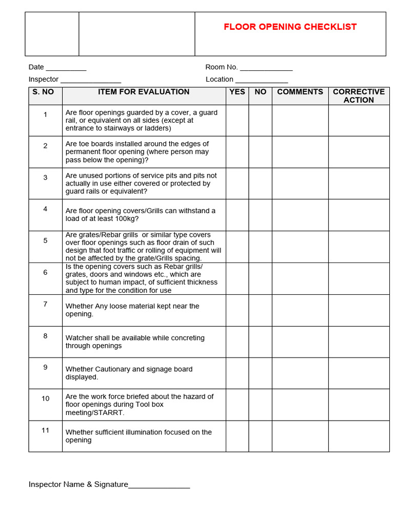 Check List Floor Opening | PDF | Civil Engineering | Building Engineering