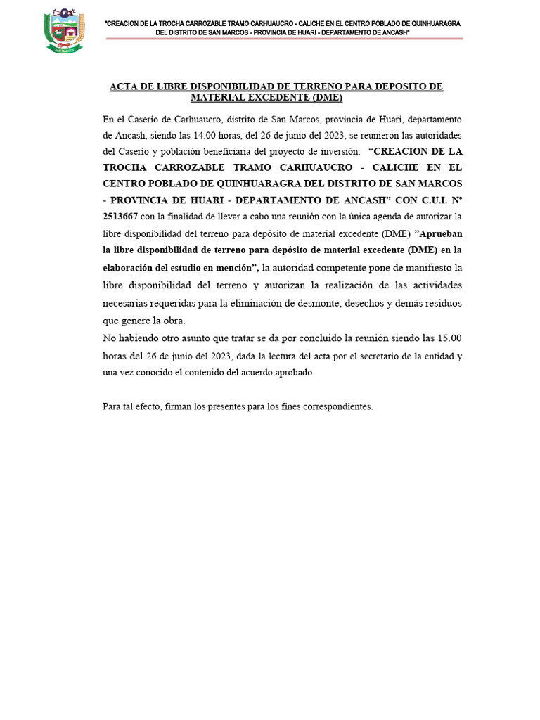 Acta de Libre Disponibilidad Dme | PDF