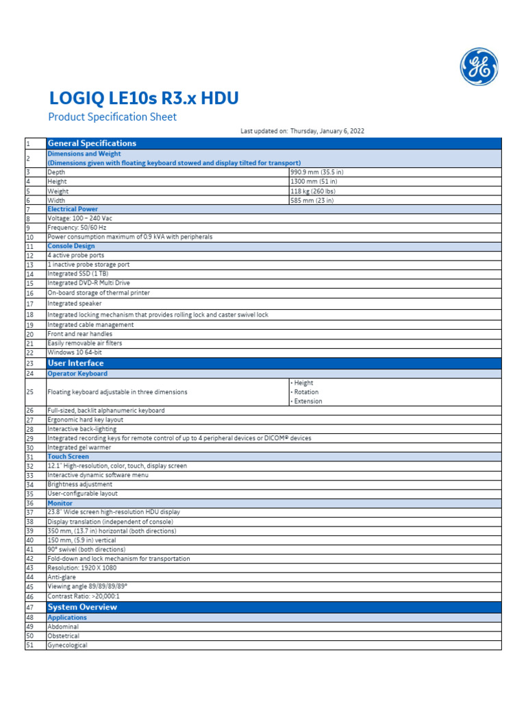 Logiq E10s Hdu R3 Global Spec Sheet Doc2671559v1 Pdf Medical Ultrasound 