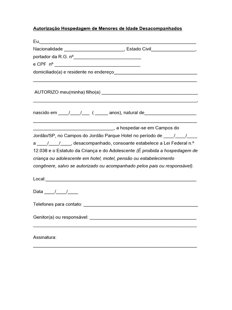 Autorização Hospedagem de Menores de Idade Desacompanhados | PDF Autorização Hospedagem de Menores de Idade Desacompanhados | PDF