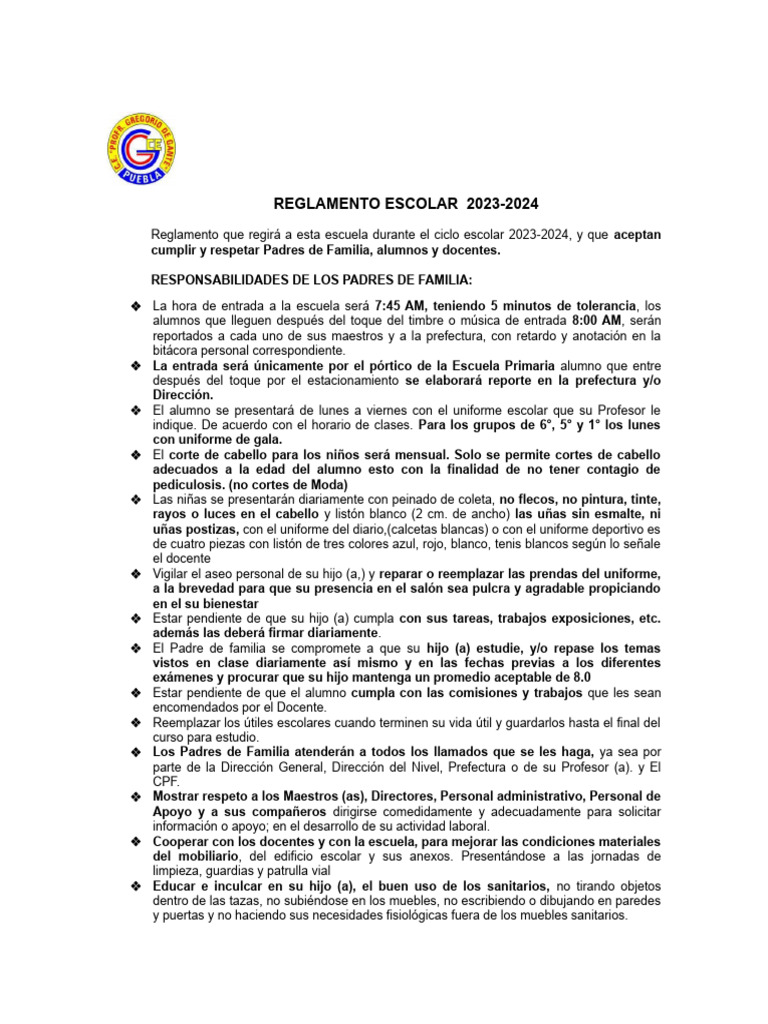 Reglamento Escolar 2023-2024 | PDF | Educación primaria