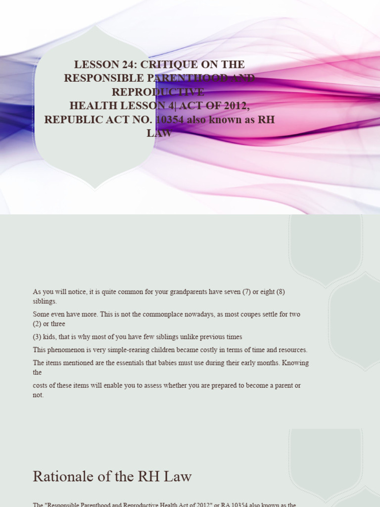 Lesson 24: Critique On The Responsible Parenthood and Reproductive Health Lesson 4 - Act of 2012 ...