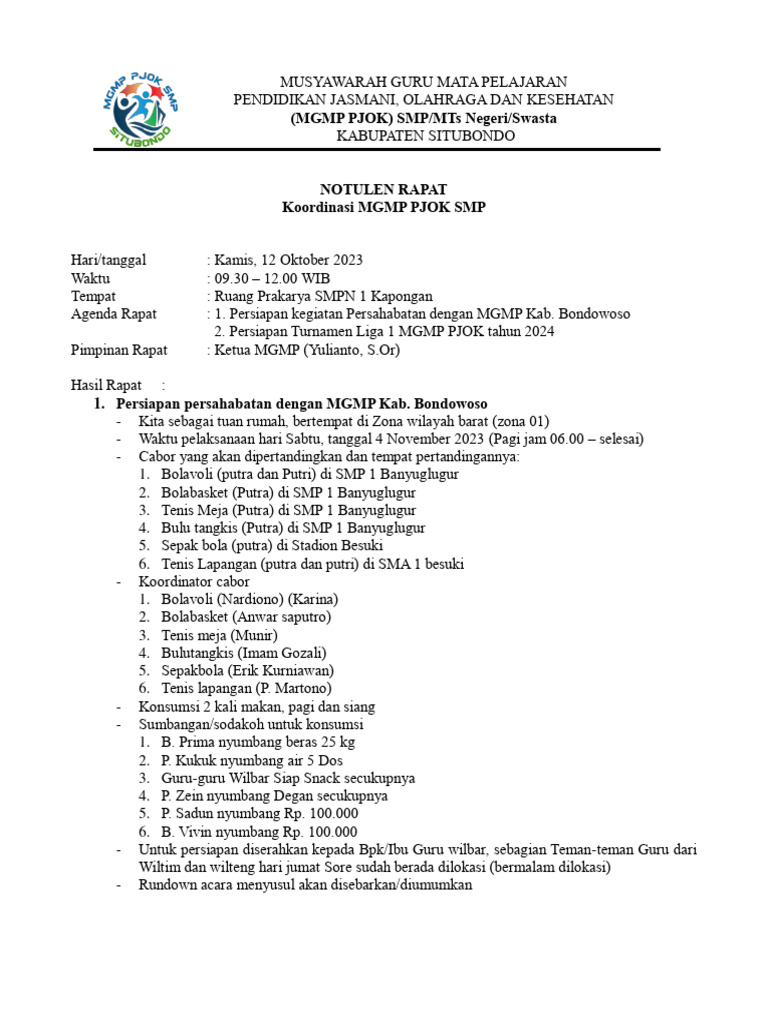 Notulen Rapat MGMP PJOK Situbondo | PDF