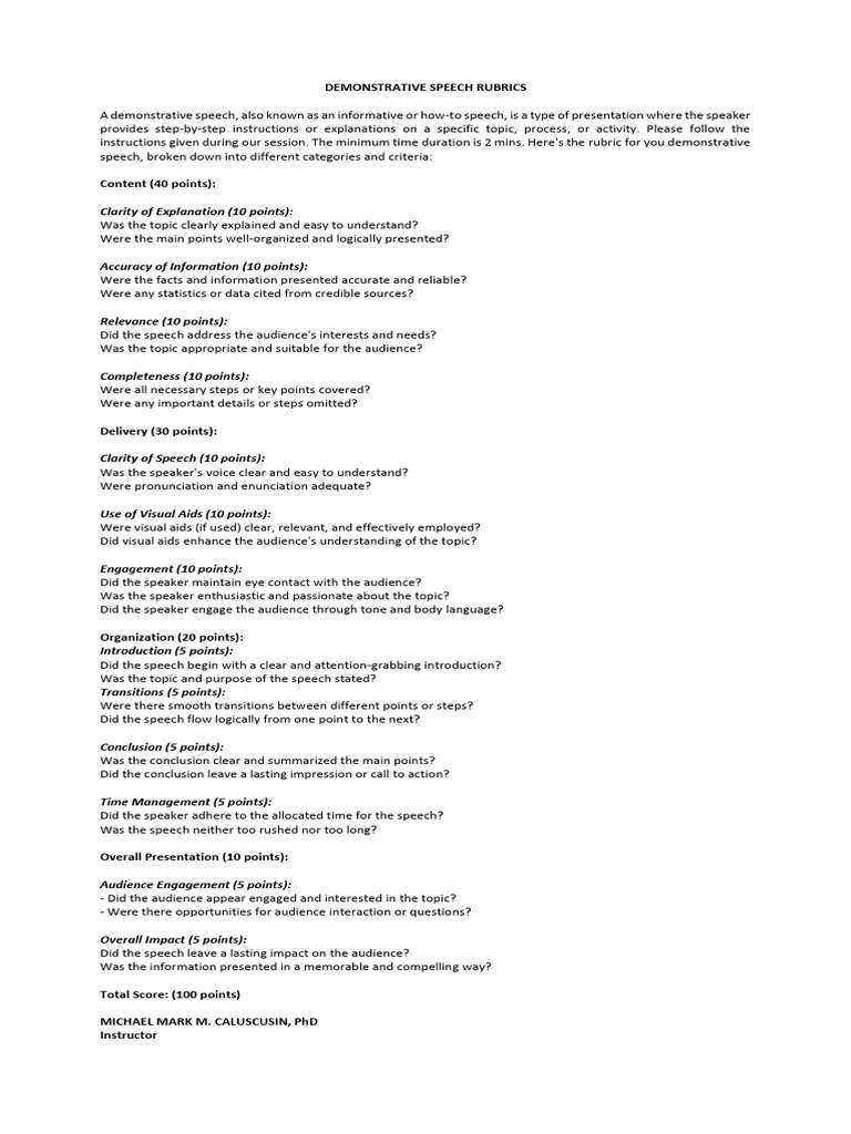 Demonstrative Speech Rubrics Pdf Cognitive Science Communication