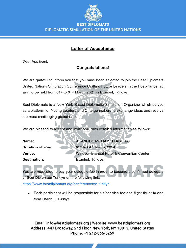 Best Diplomats Conference Acceptance | PDF | Travel Visa | Istanbul