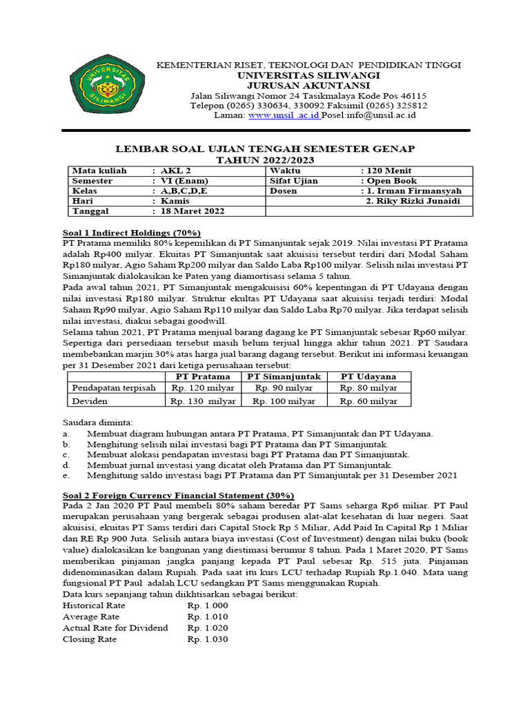 Soal UTS Genap AKL 2022 - 2023 | PDF
