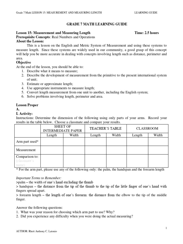 Grade 7 Math: Measuring Length Guide | PDF | Foot (Unit ...
