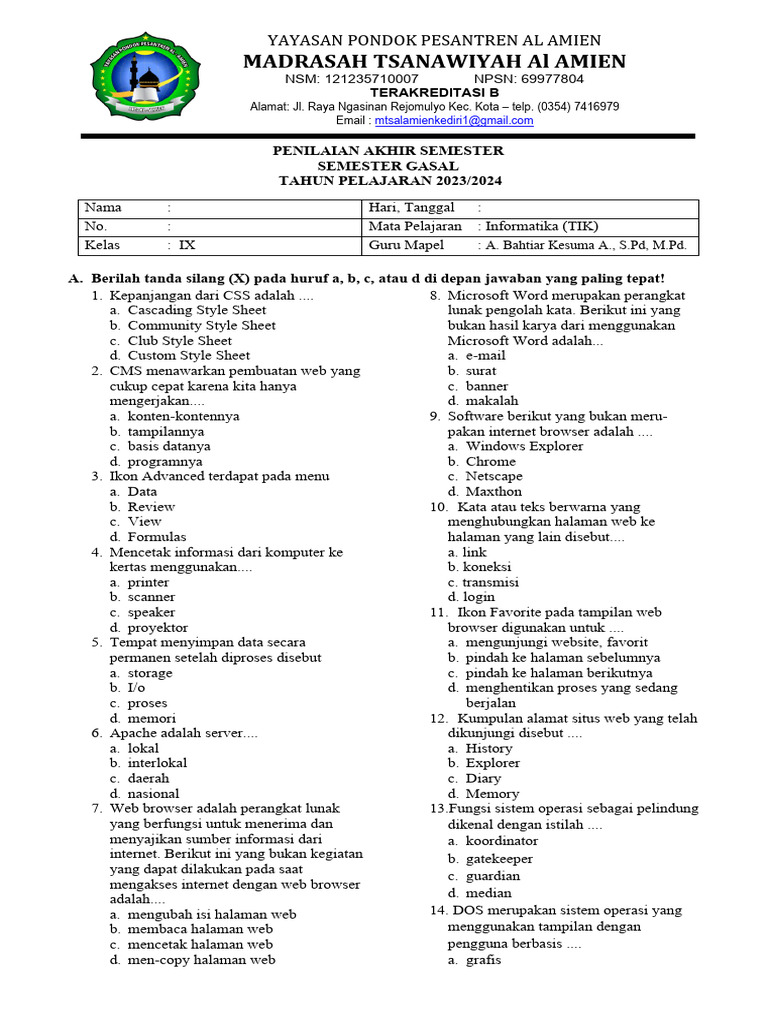 Ujian Informatika Kelas IX | PDF
