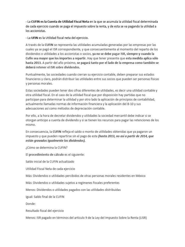 Cálculo y Conceptos de CUFIN y UFIN | PDF | Impuesto sobre la renta ...