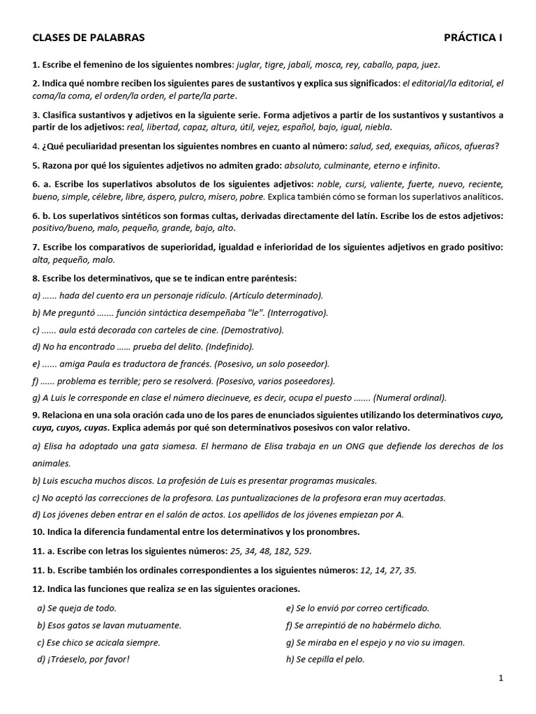 Clases de Palabras PRÁCTICA I | PDF | Adjetivo | Adverbio