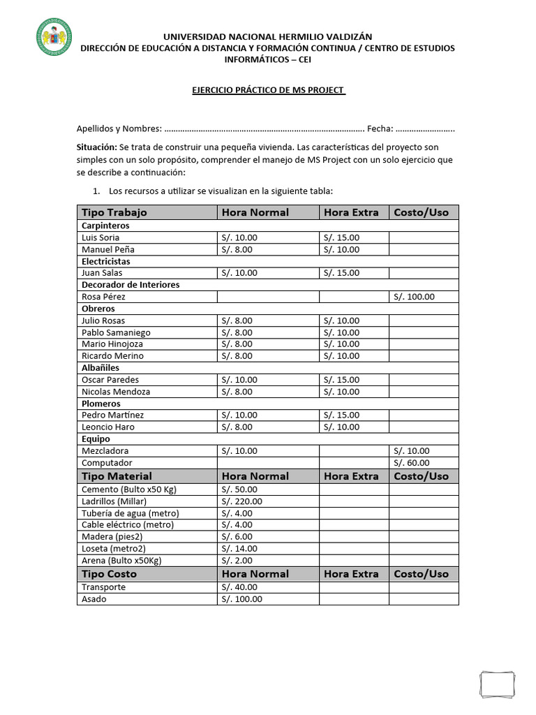 3 - Ejercicio Práctico de MS Project - Recursos | PDF | Ingeniería de Edificación | Materiales
