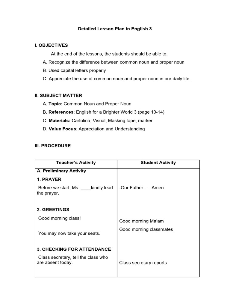 English 3 Detailed Lesson Plan | PDF | Noun | Lesson Plan