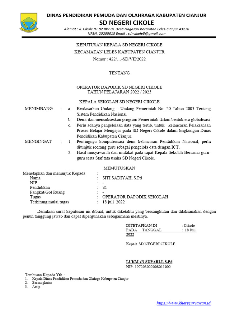 SK Operator Dapodik Sekolah | PDF