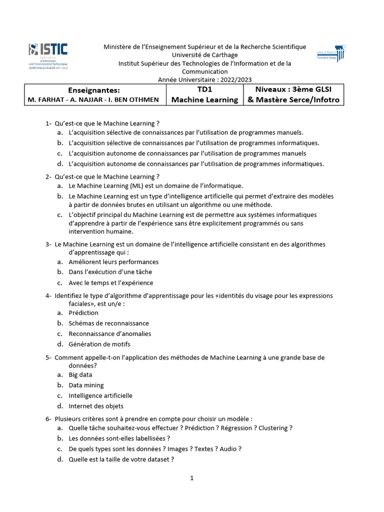 QCM Introduction Machine Learning | PDF | Apprentissage automatique ...