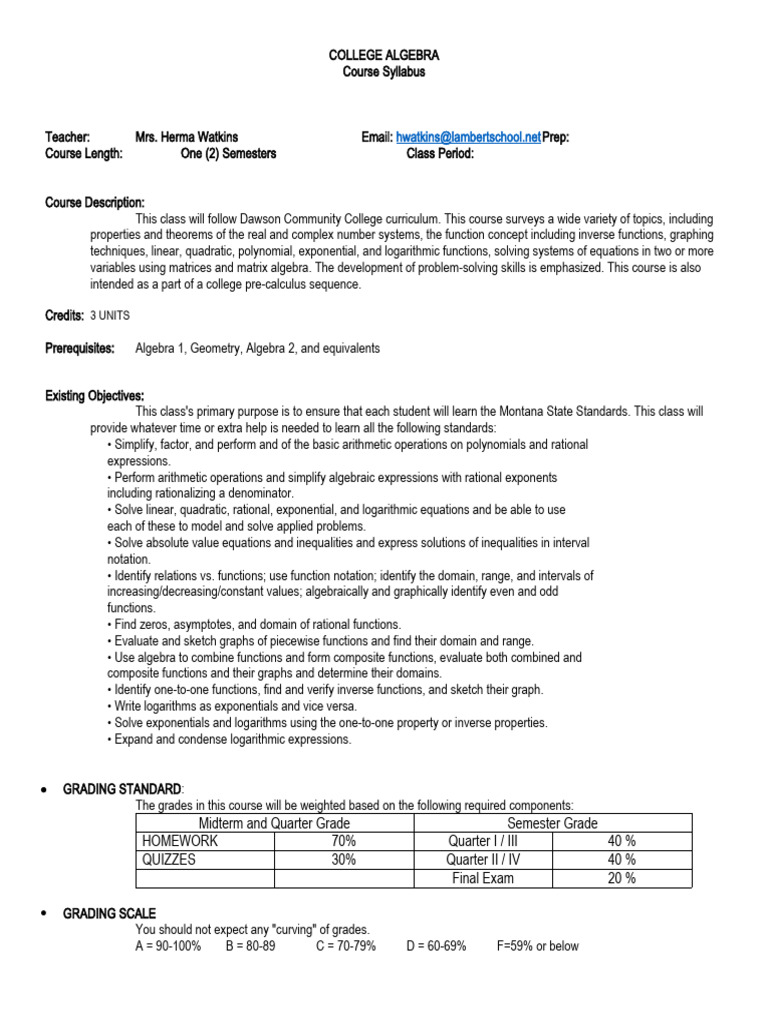 College Algebra Syllabus - DCC | PDF | System Of Linear Equations ...