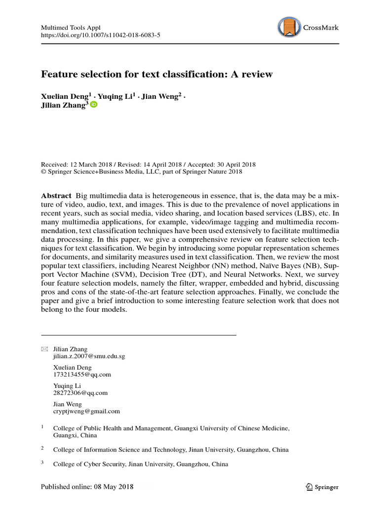 Deng Et Al. - 2019 - Feature Selection For Text Classification A Review | PDF | Statistical ...