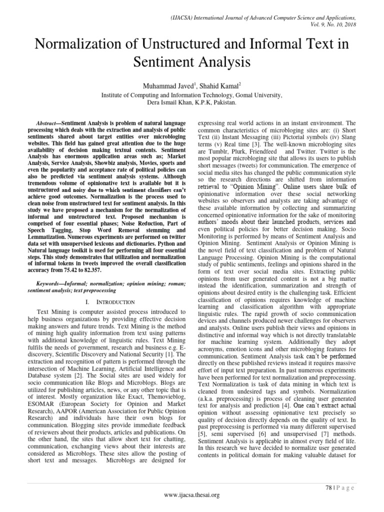 Paper 11 Normalization Of Unstructured And Informal Text Pdf Part Of Speech Machine Learning