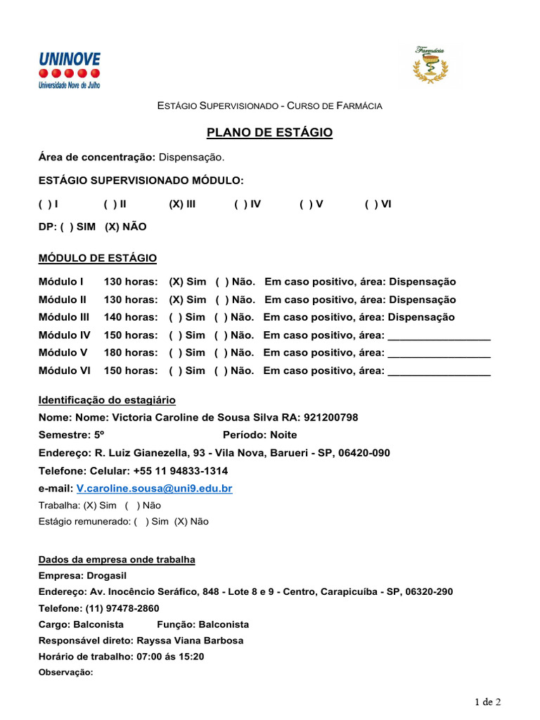 III VIC MODELO PLANO DE ESTAGIO - 2023 Atualizado | PDF