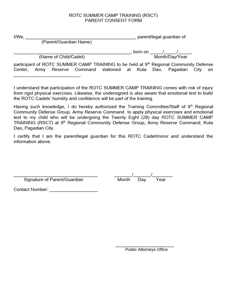 ROTC Summer Camp Parent Consent Form | PDF | Finance & Money Management