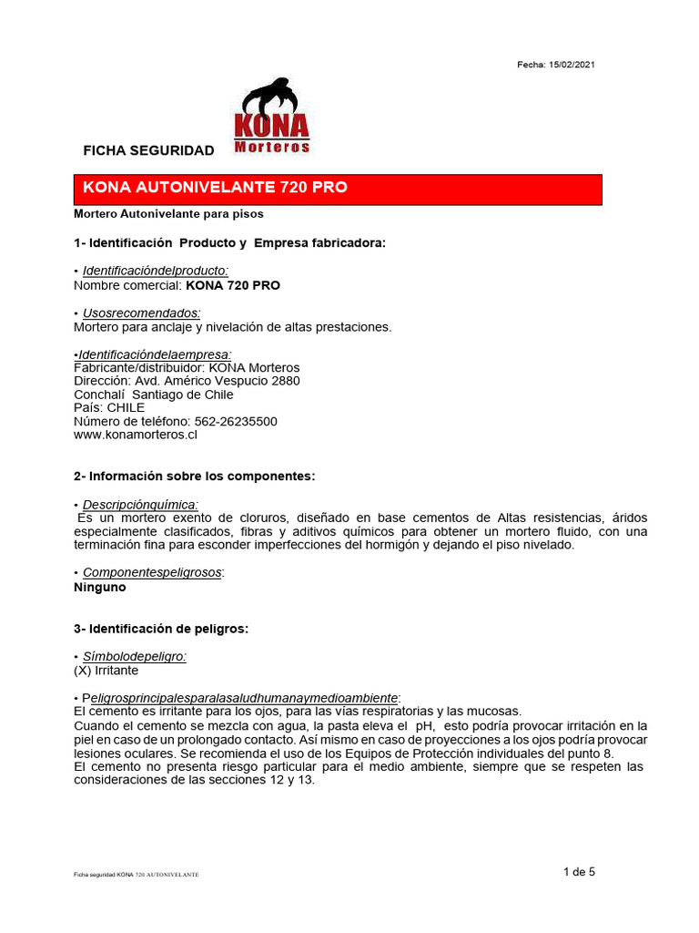 Kona Autonivelante 720 Pro: Ficha Seguridad | PDF | Hormigón | Cemento