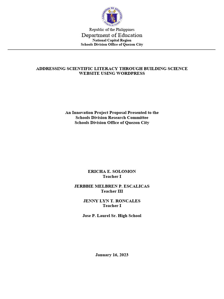 INNOVATION Project Proposal Solomon Escalicas ROncalesV2 | PDF | Educational Technology | Science