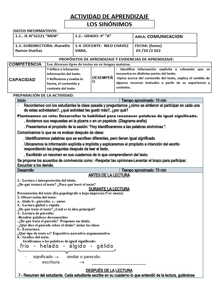 Actividad Educativa: Sinónimos en 4° Grado | PDF | Comprensión lectora | Aprendizaje