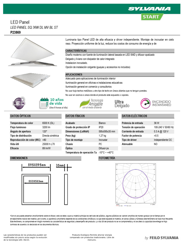 P23869-LED PANEL SQ 36W DL MV BL ST (Ficha) | PDF | Diodo emisor de luz | Encendiendo
