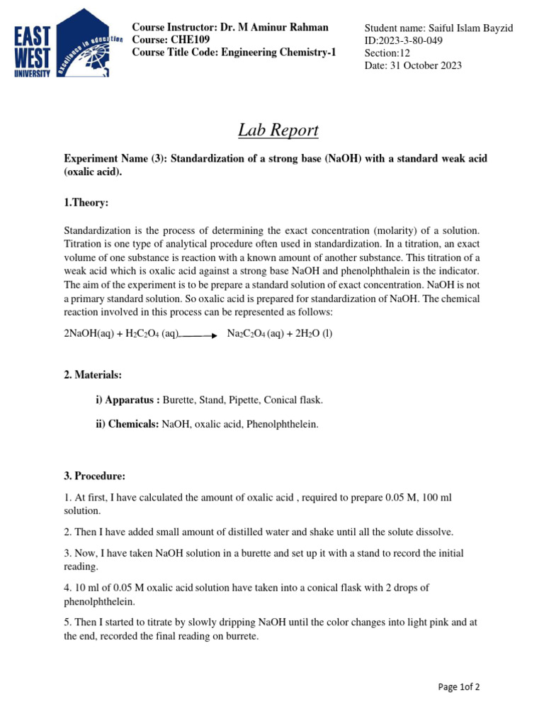 Lab Report 3 Chemistry 109 PDF | PDF | Titration | Chemistry