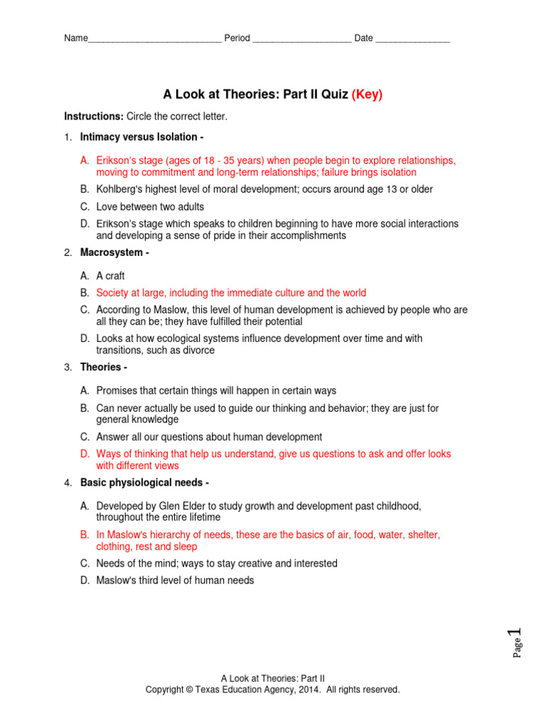 A Look at Theories Part II Quiz Key | PDF | Developmental Psychology ...