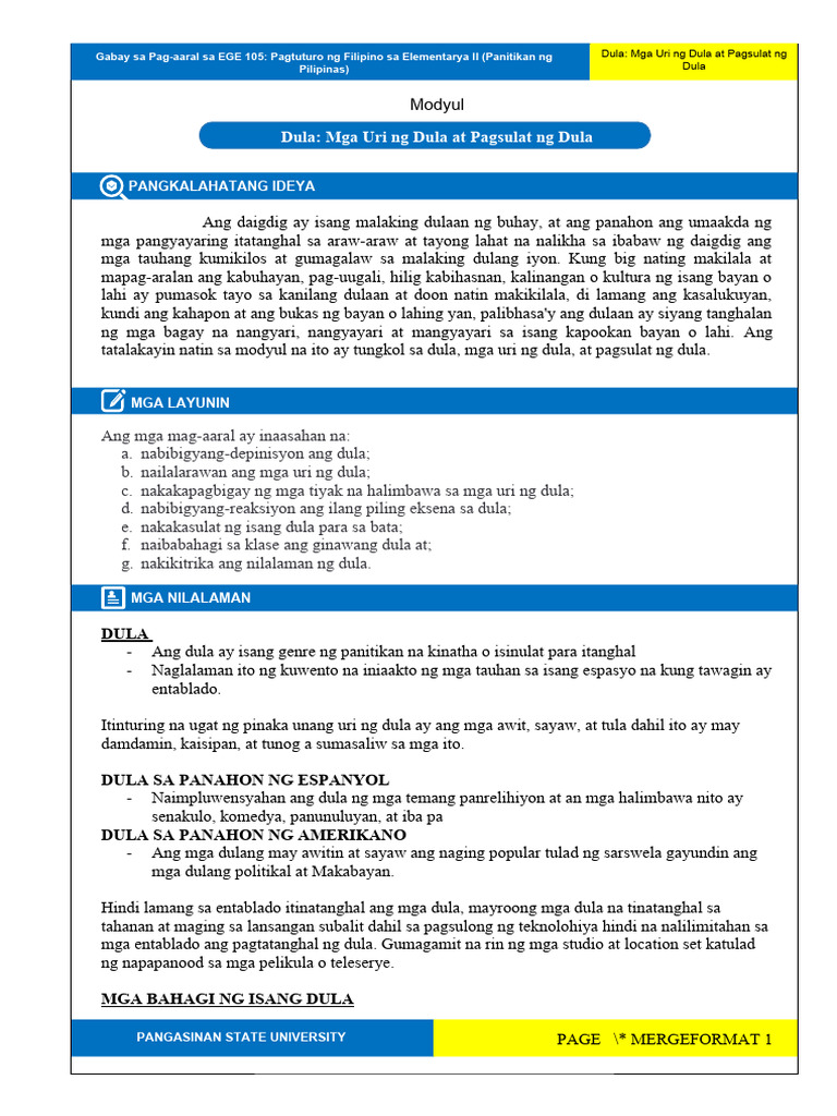 EGE 105 MODYUL Dula Mga Uri NG Dula at Pagsusulat NG Dula BEE EGE I 1 | PDF
