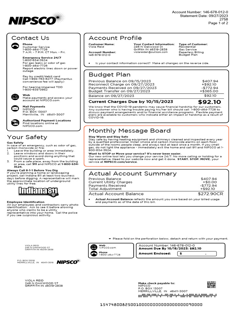 NIPSCO Gas Bill Statement 09/2023 | PDF | Credit Card | Service Industries