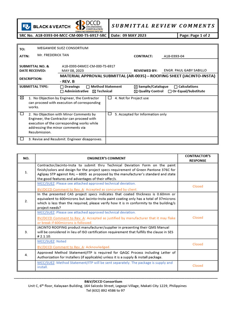 A18-0393-04-Mcc-Cm-000-Ts-6917-Src Mas (Ar-0035) - Roofing Sheet (Jacinto-Insta) - Rev. B | PDF