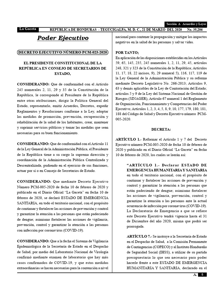 04 PCM-023-2020 Reforma Art 1 y 7 005-2020 | PDF | Honduras | Gobernancia