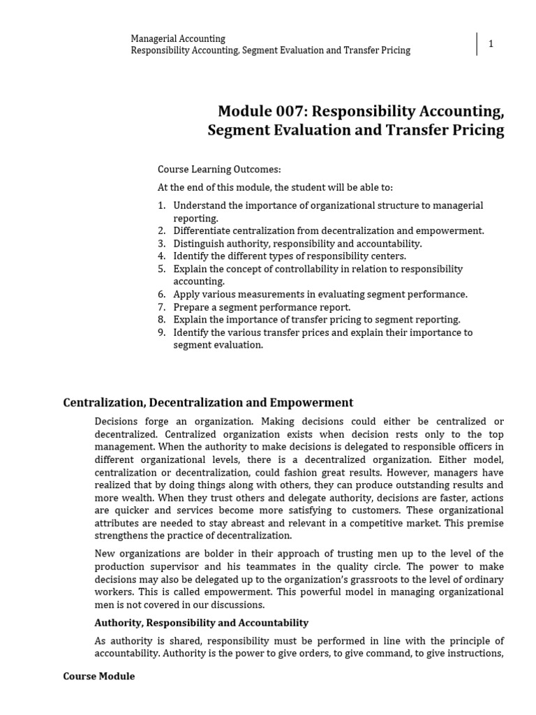Module 007 Responsibility Accounting, Segment Evaluation and Transfer Pricing | PDF | Stocks ...