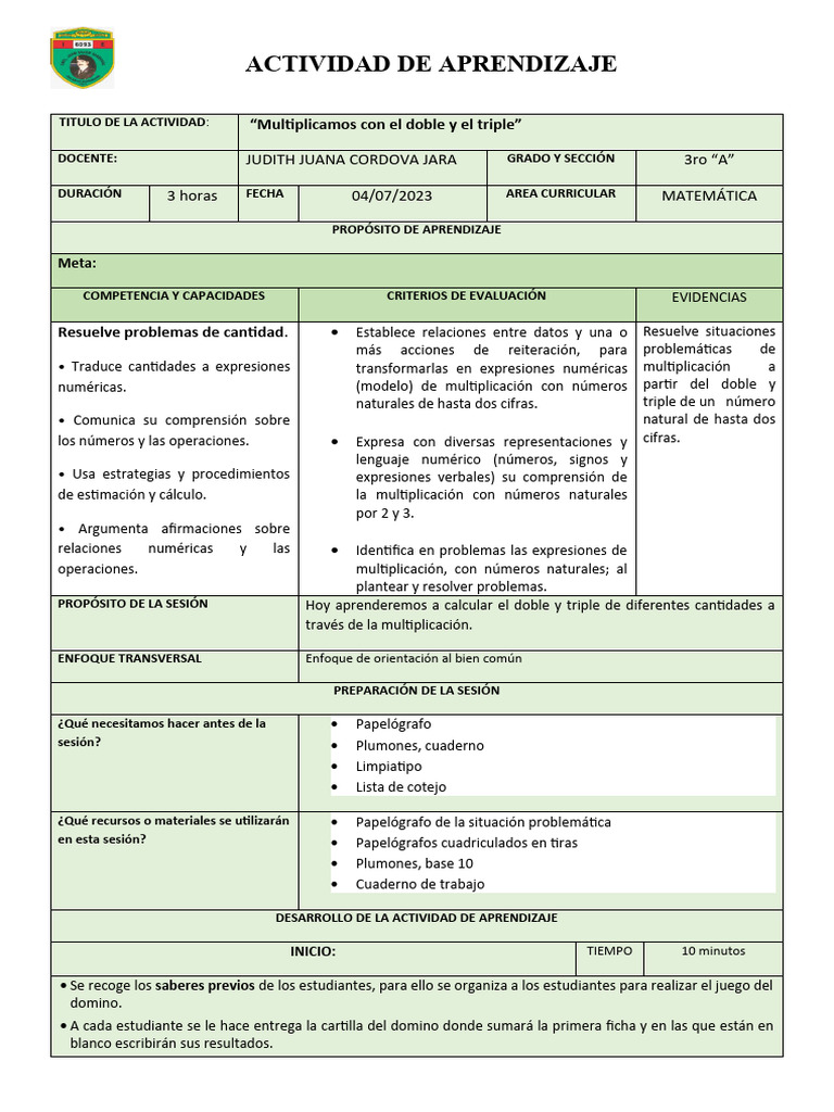 SESIÓN DE MATEMÁTICA Multiplicamos Con El Doble y El Triple 04-07-23 | PDF | Multiplicación ...