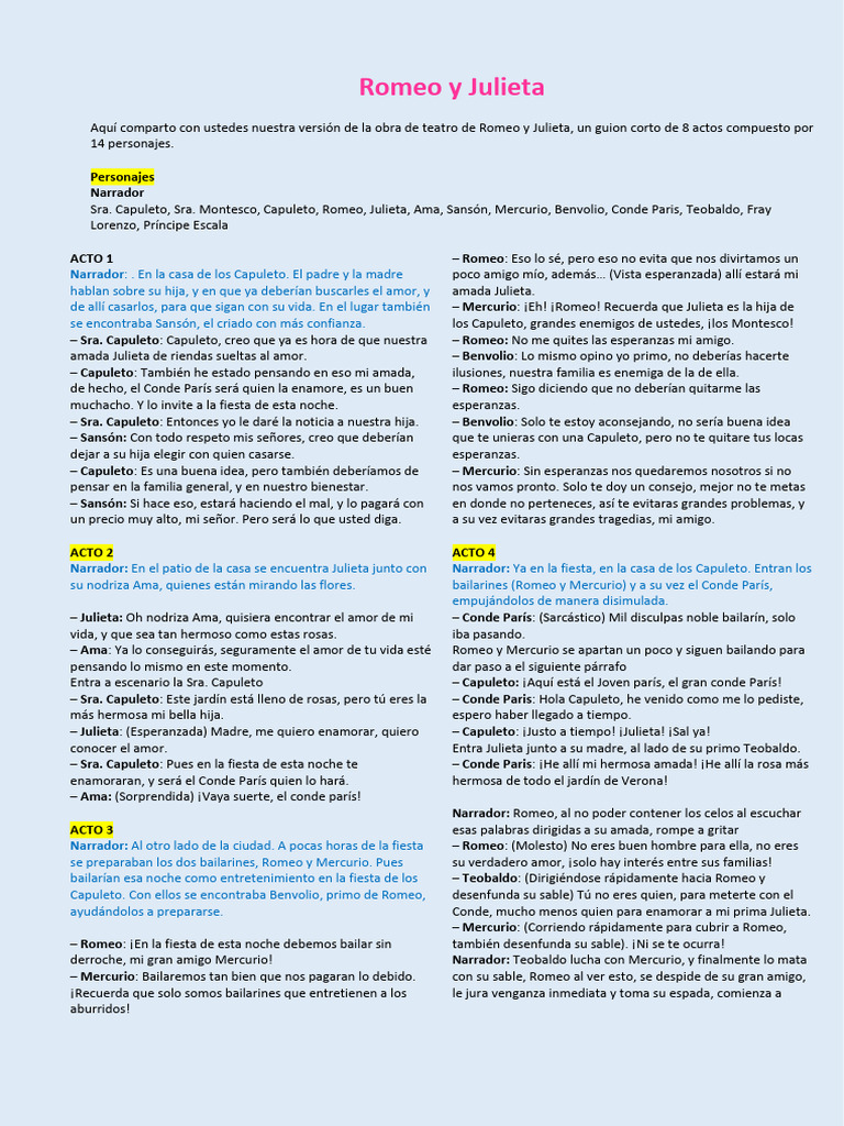 Guion Corto de Romeo y Julieta y Actividad | PDF | Romeo y Julieta | Tragedias de Shakespeare