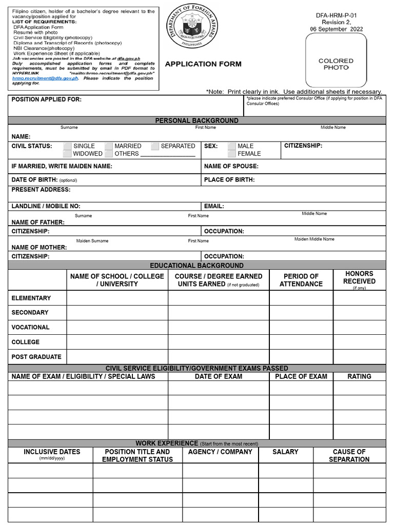 DFA Job Application Form | PDF | Application Software | Employment