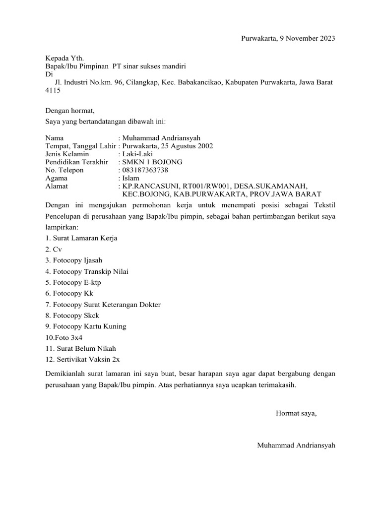 Permohonan Kerja Muhammad Andriansyah | PDF