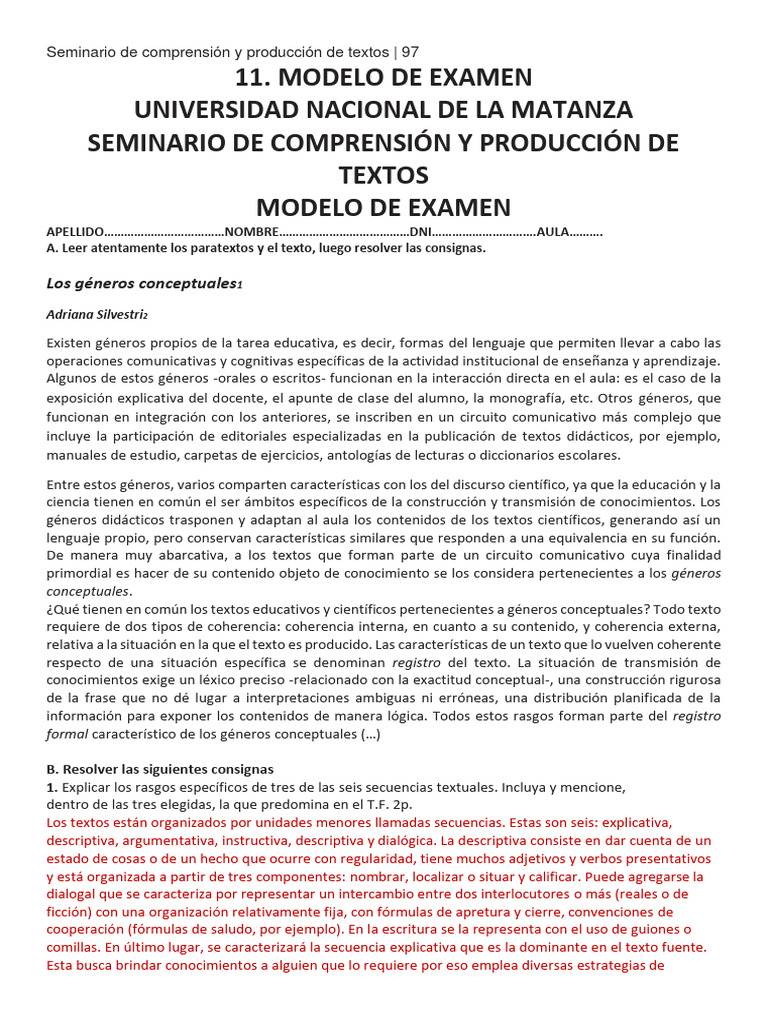 Modelo de examen: Seminario UNLAM | PDF | Salón de clases | Aprendizaje