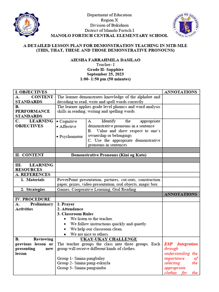 Lesson Plan in MTB Grade 2 1ST Quarter | PDF | Learning | Cognition