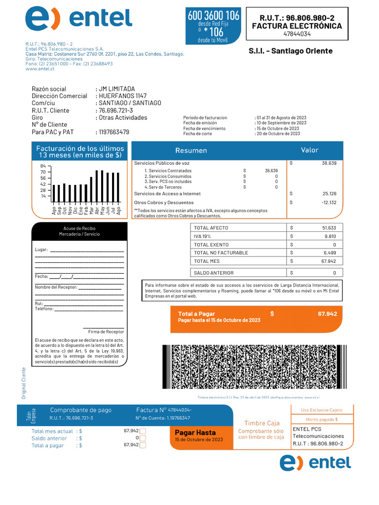 Factura Entel N°47844034 | PDF | Telefonía móvil | Telecomunicaciones