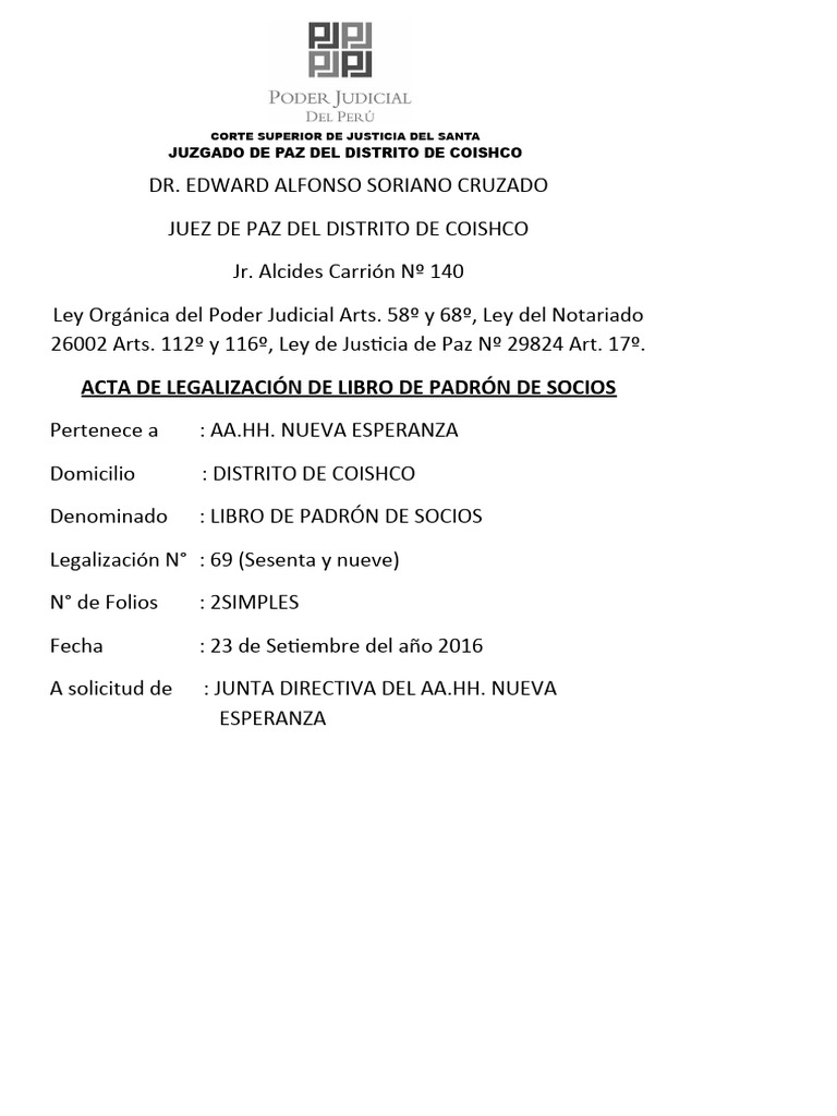 Acta Legalizacion Libro Asociacion | PDF | Derecho