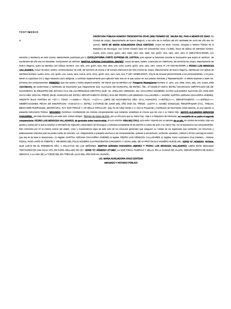 308 - Permiso para Salida de Menor Martha Adriana Chavarria Jimenez 2015 | PDF | Nicaragua ...